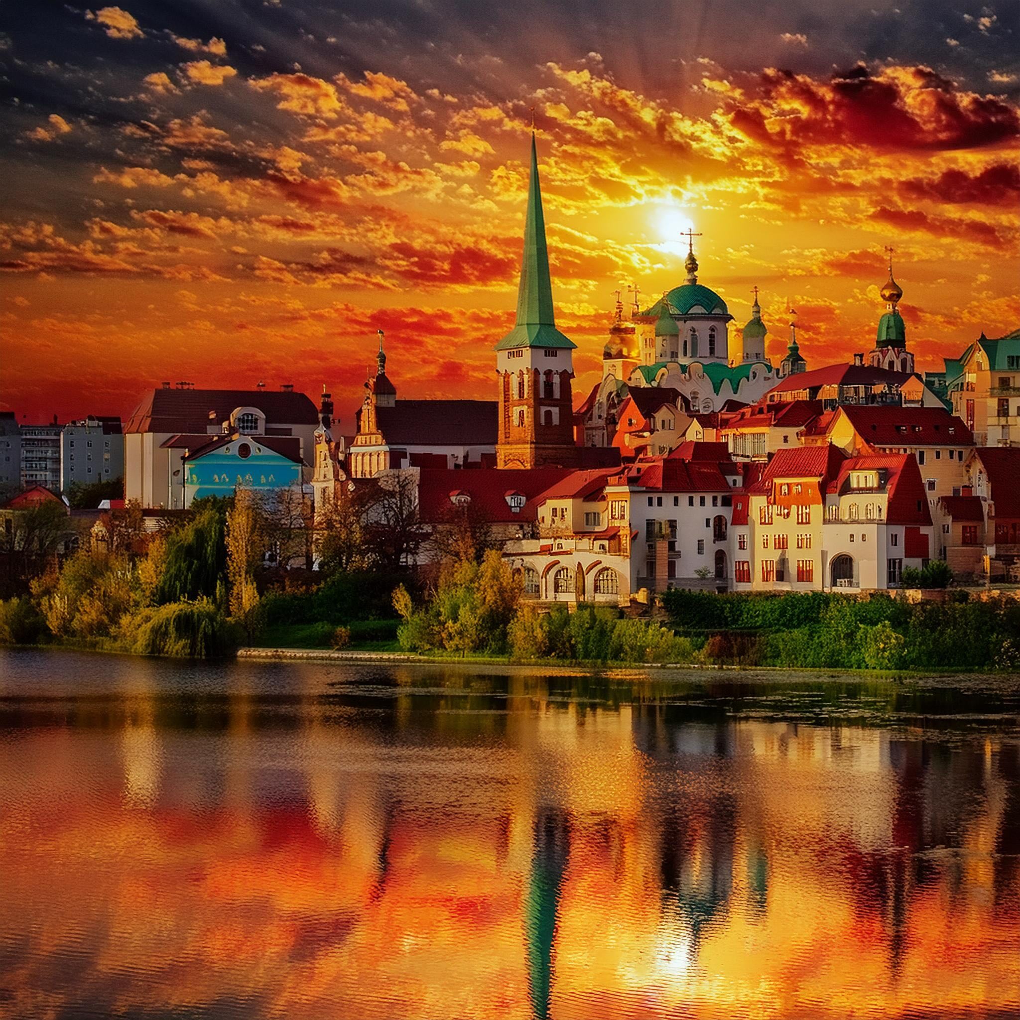 Firefly a city on the banks of a mystic lake at sunset dramatic and colorful scene with ...