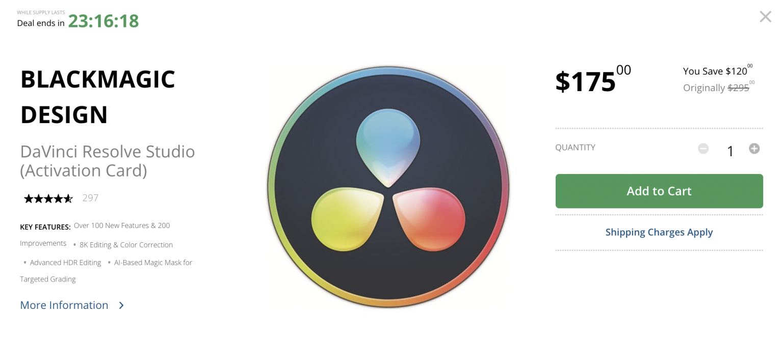 Blackmagic Design DaVinci Resolve Studio (Activation Card) on sale for $175 USD - Newsshooter