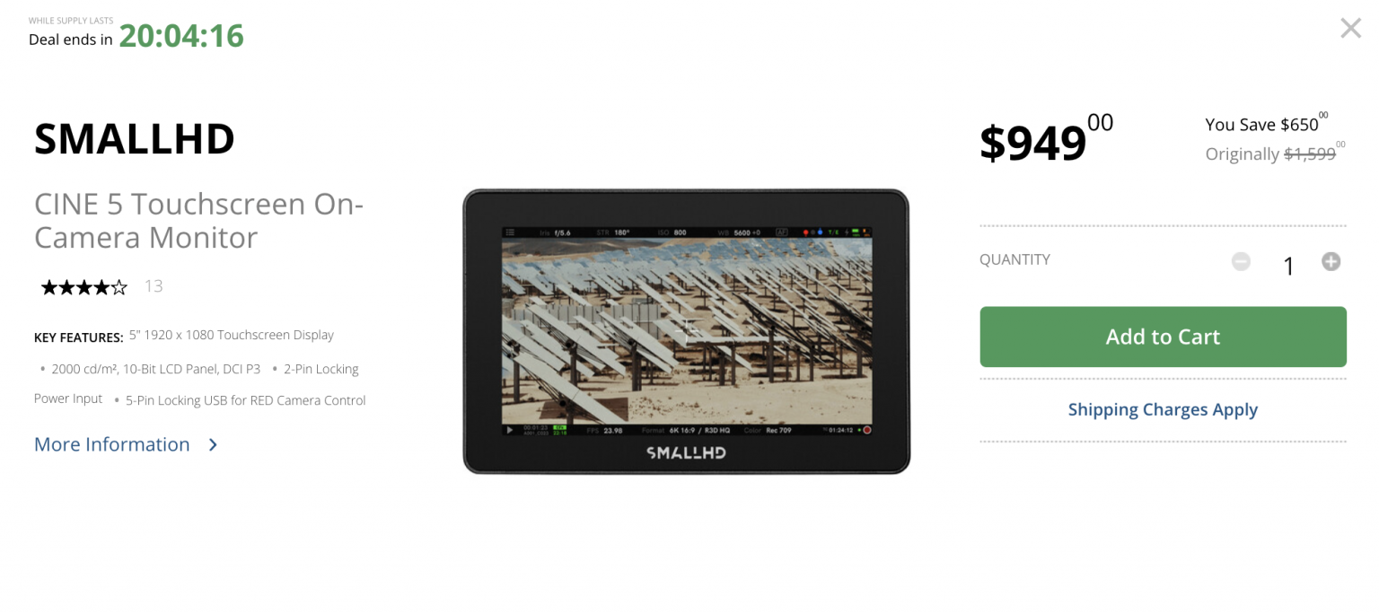 SmallHD CINE 5 Touchscreen On-Camera Monitor on sale for $949 USD ...